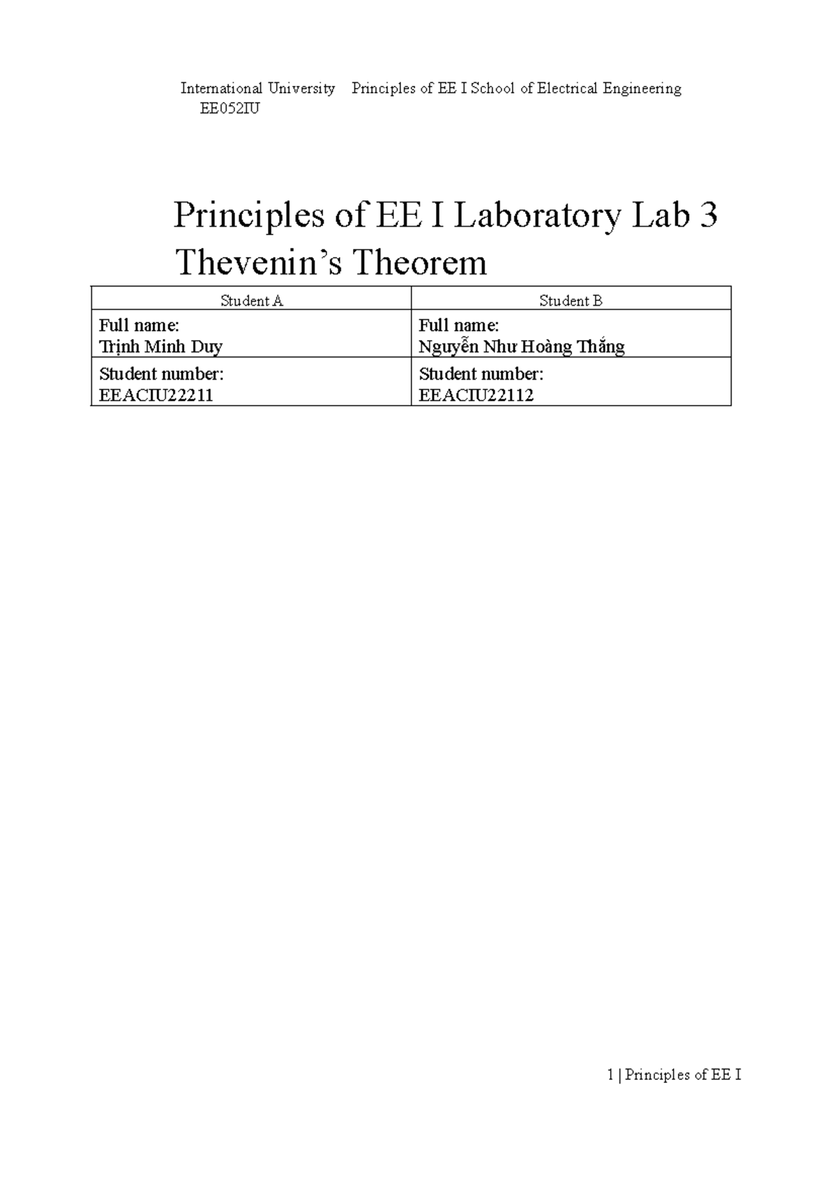 EE1 Lab 3: Exploring Thevenin's Theorem - Sep 22 - Studocu