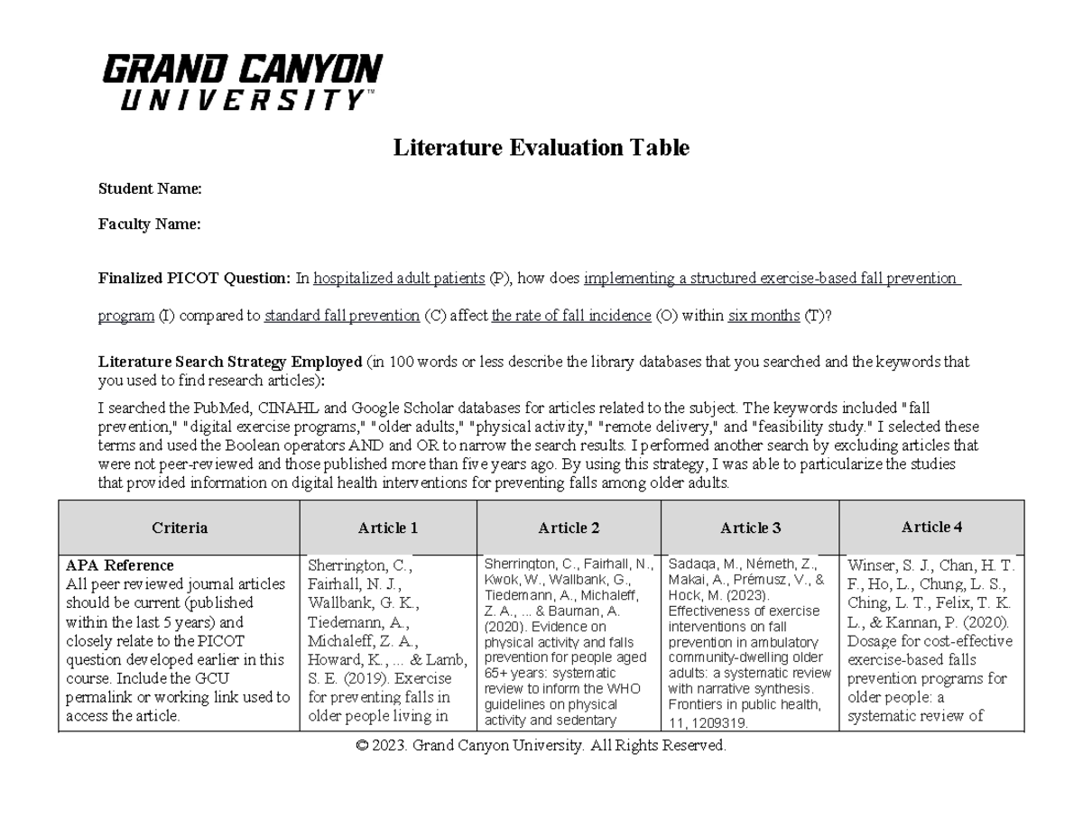 NRS-465-T4-RS-Literature Evaluation Table on Fall Prevention Programs ...