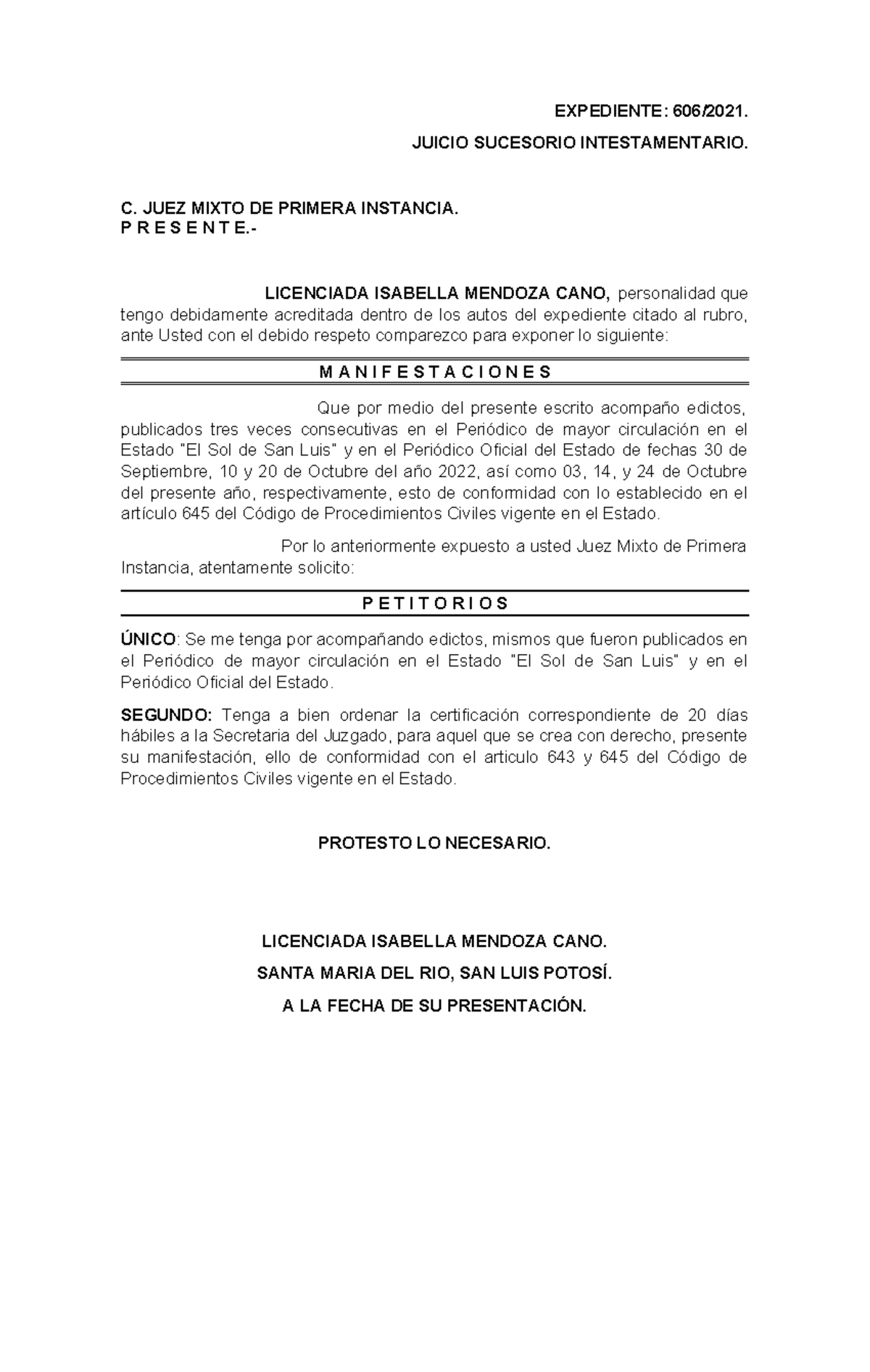 Escrito de Edictos - Juicio Sucesorio Intestamentario 606/2021 - Studocu