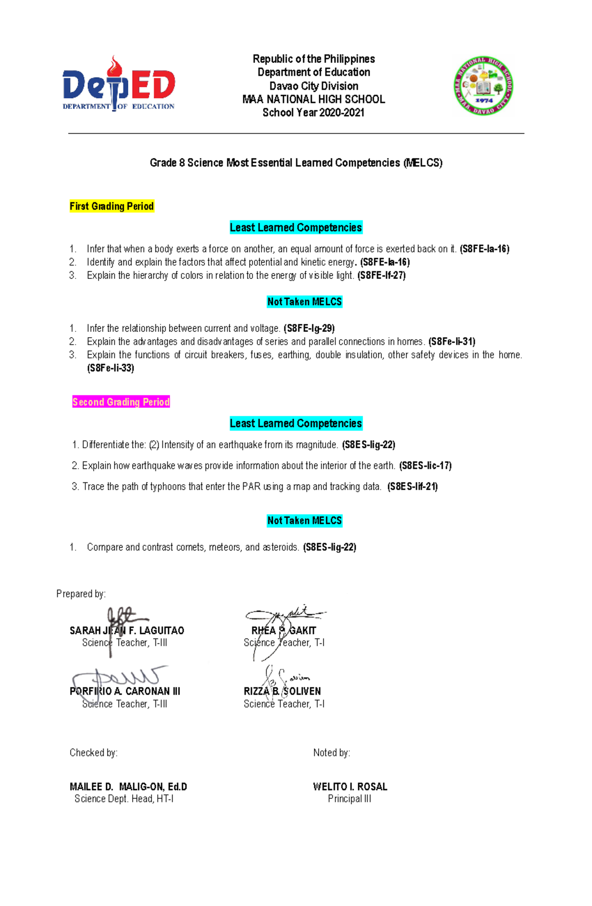 Grade 8 Science MELCS: Least Learned Competencies Summary - Studocu