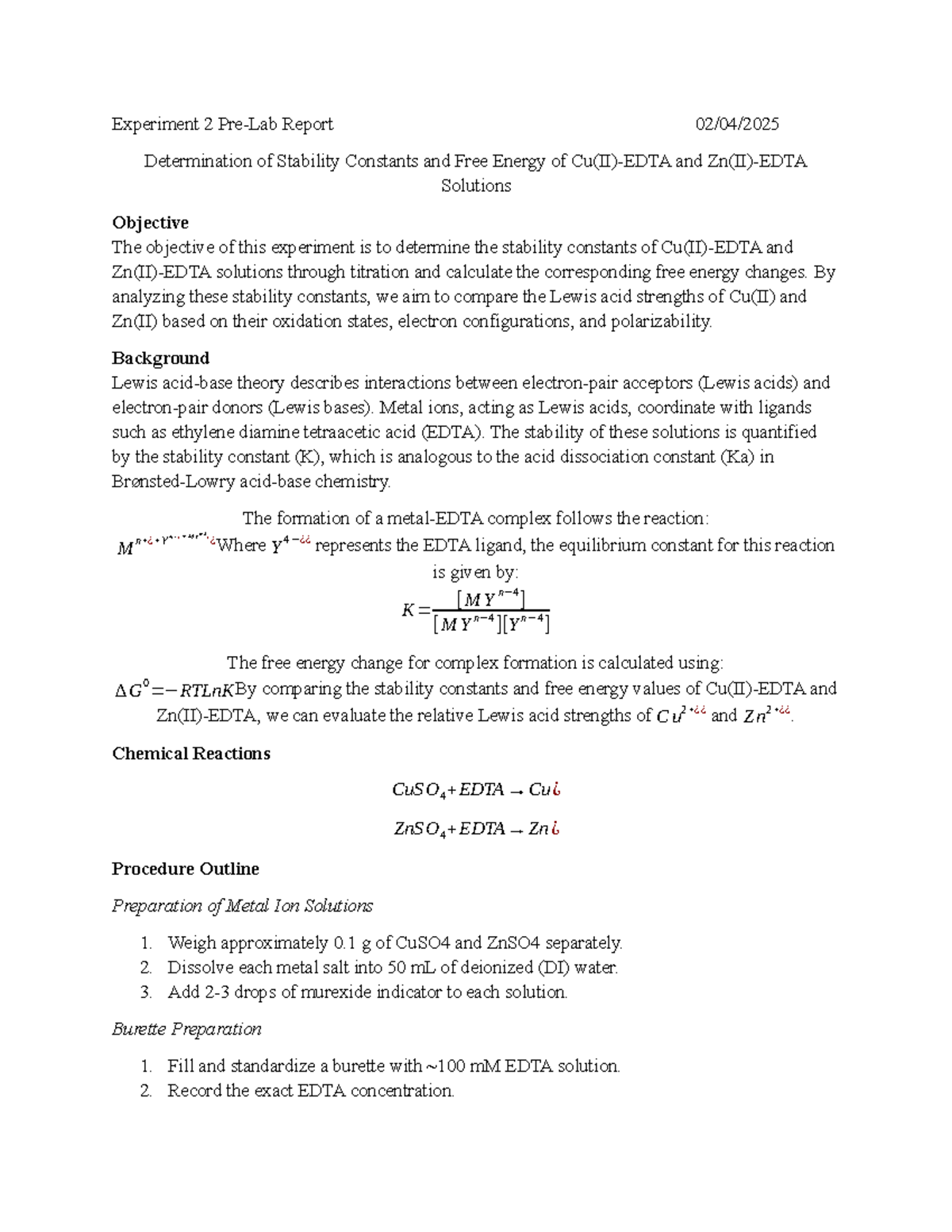 Inorganic Chem 3610L Pre-Lab 2: Stability Constants & Free Energy ...