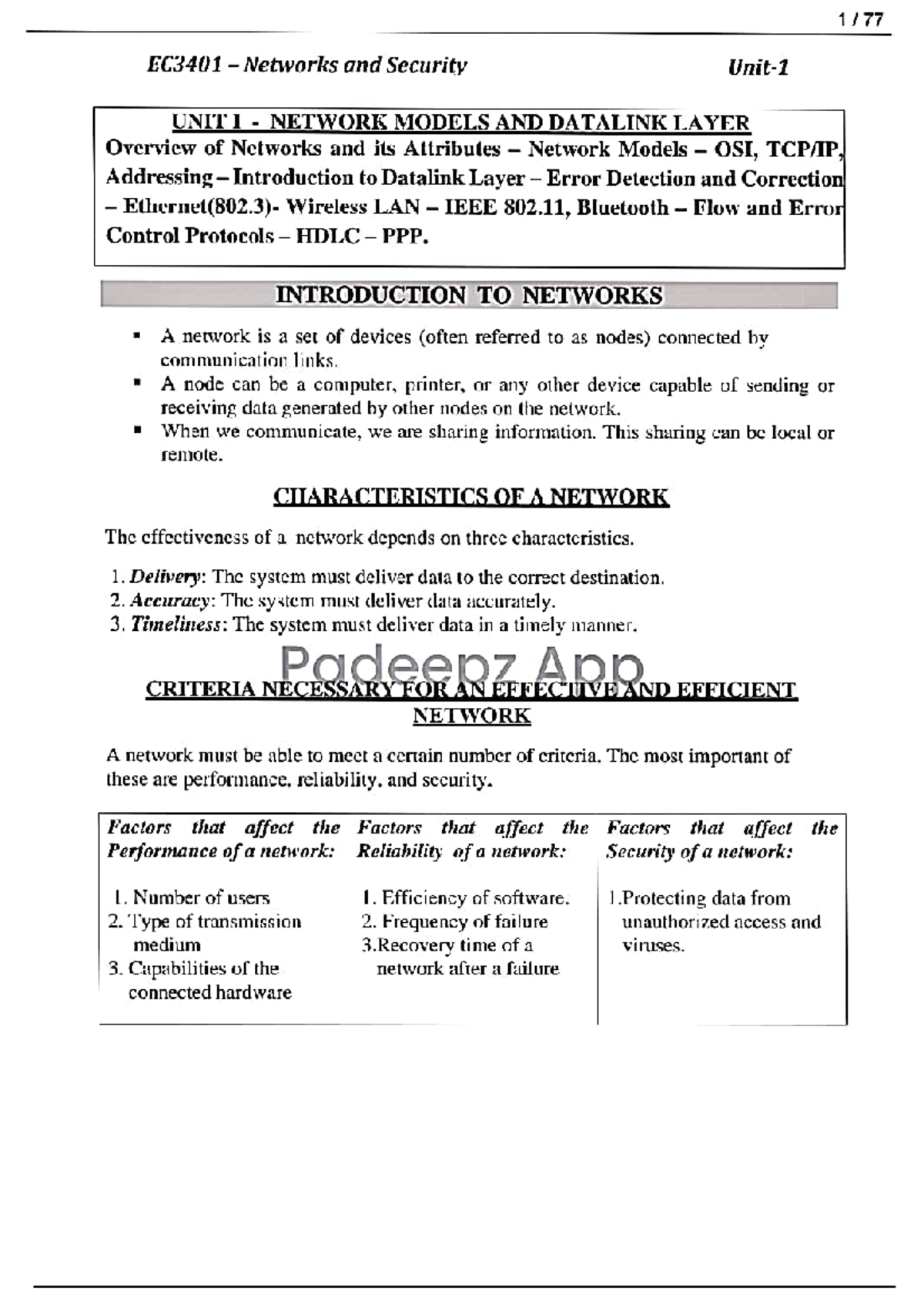 EC3401 Networks and Security: Unit I - Network Models & Datalink Layer ...