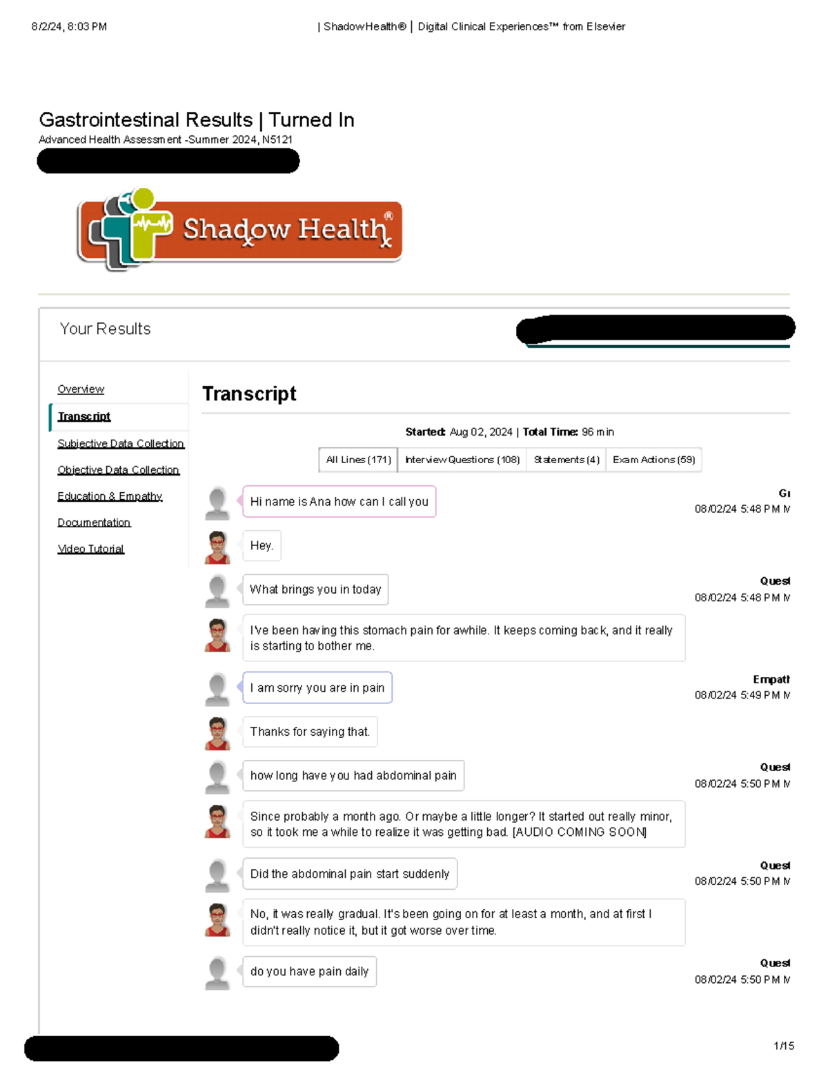 Gastrointestinal Assessment Transcript - Advanced Health Assessment N ...