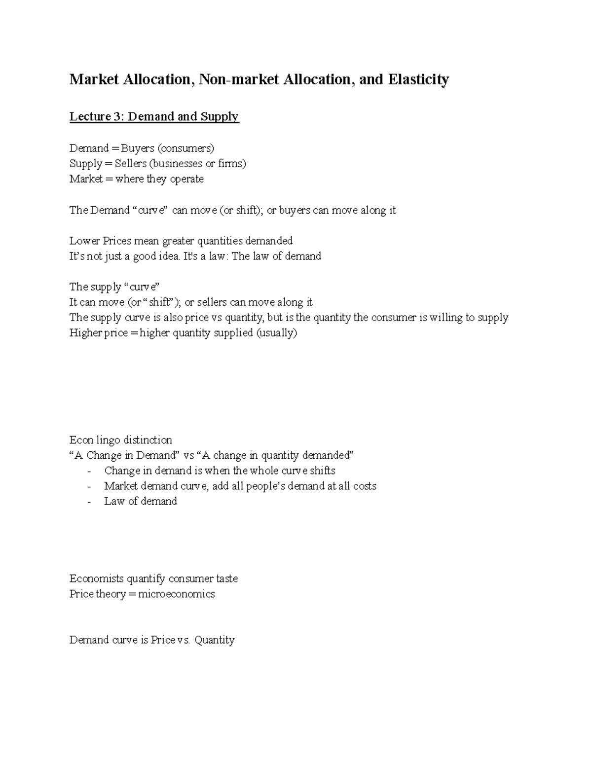 Econ 101: Market Allocation, Demand & Supply Lectures 3-10 Notes - Studocu