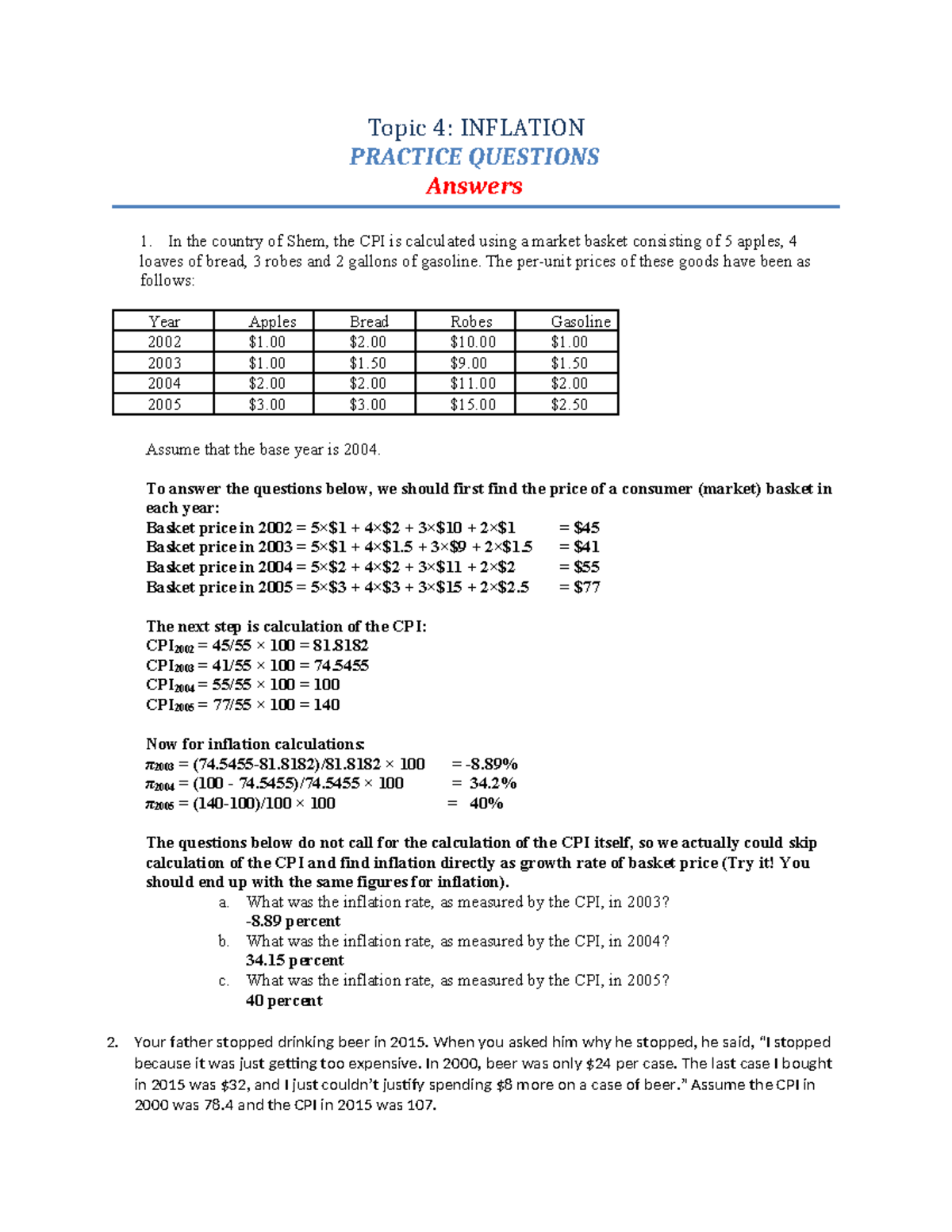 Topic 4: Inflation Practice Questions & Answers - ANS - Studocu