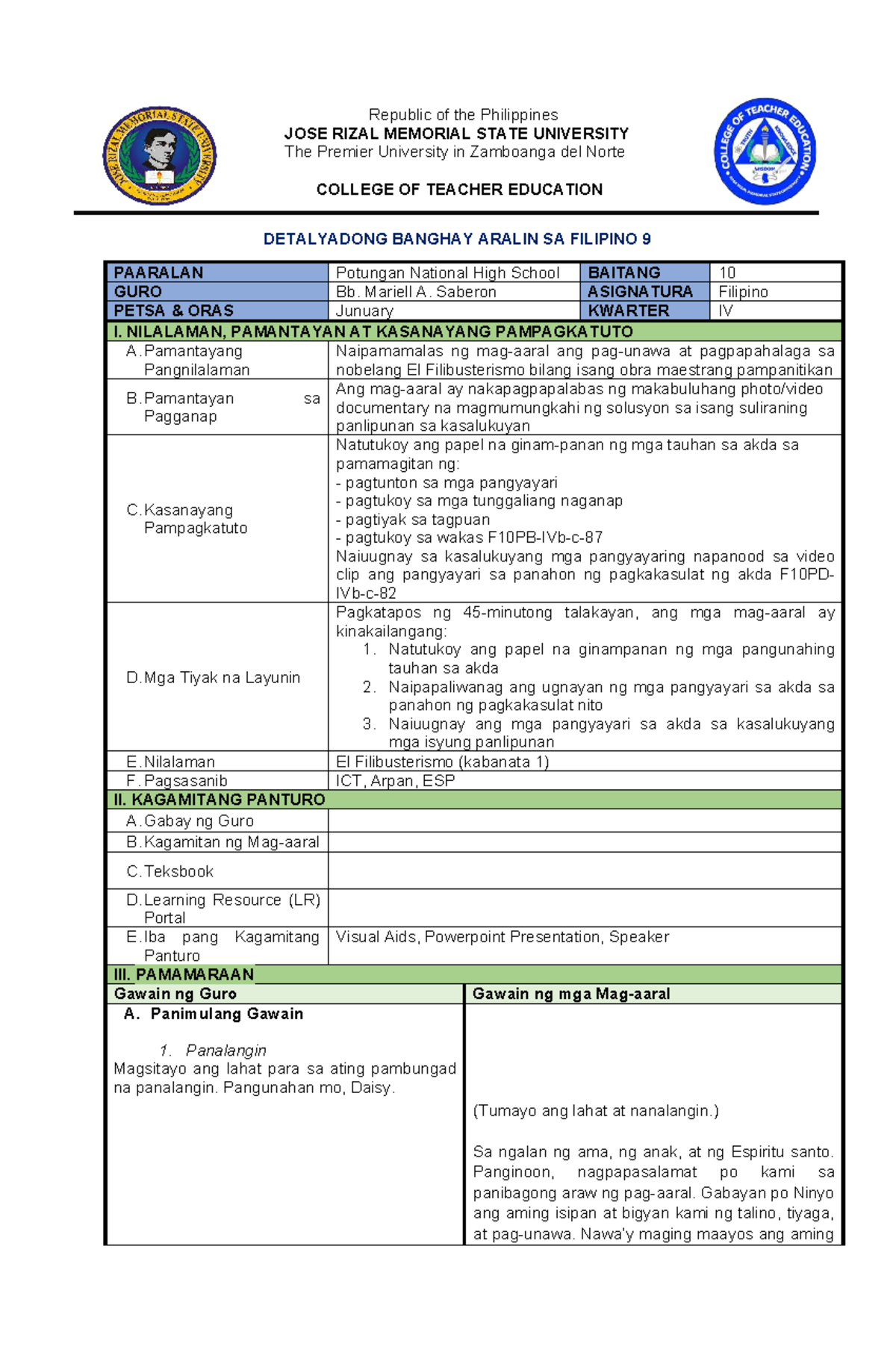 Filipino 9 Lesson Plan: El Filibusterismo Overview and Activities - Studocu