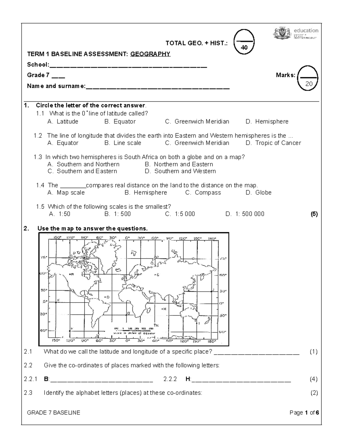 2025-T1-GR 7-GEO & HIST: Geography Baseline Assessment - Studocu