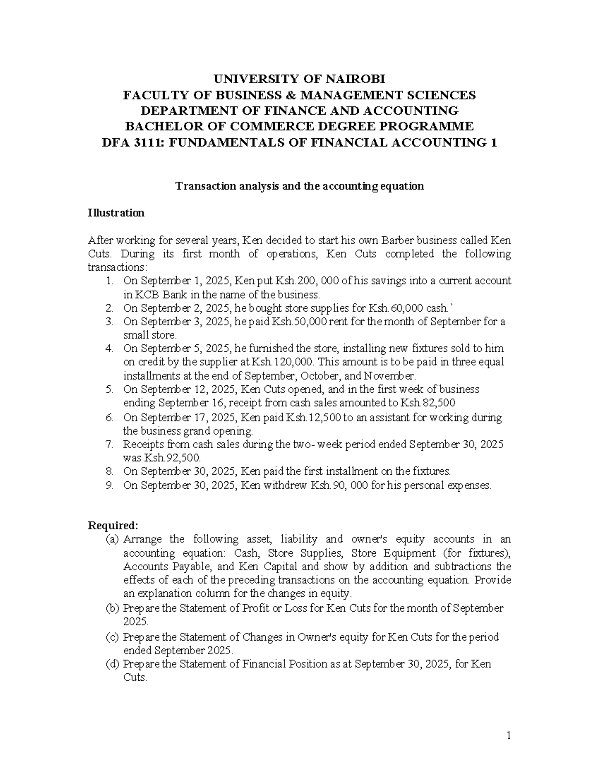 DFA 101: Transaction Analysis & Accounting Equation for Ken Cuts - Studocu