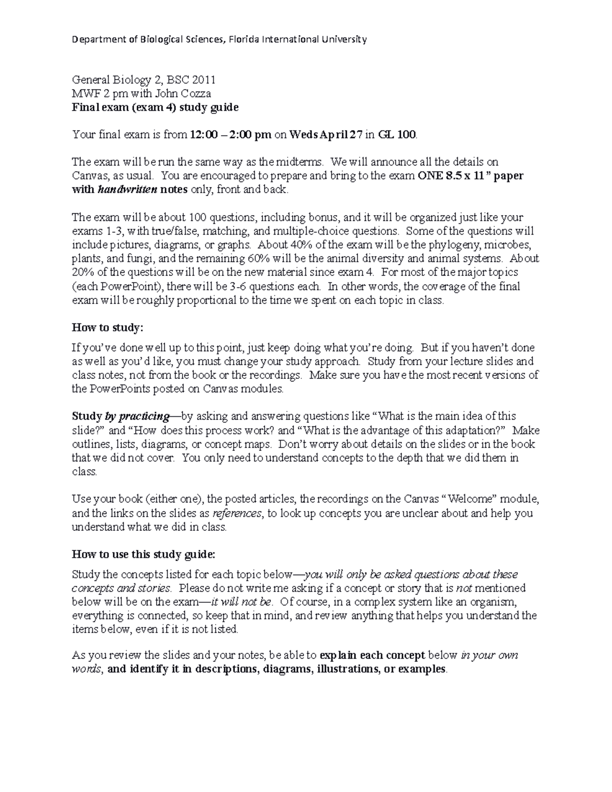 Final Exam Study Guide for BSC 2011: Gen Bio 2 S22 JC - Studocu