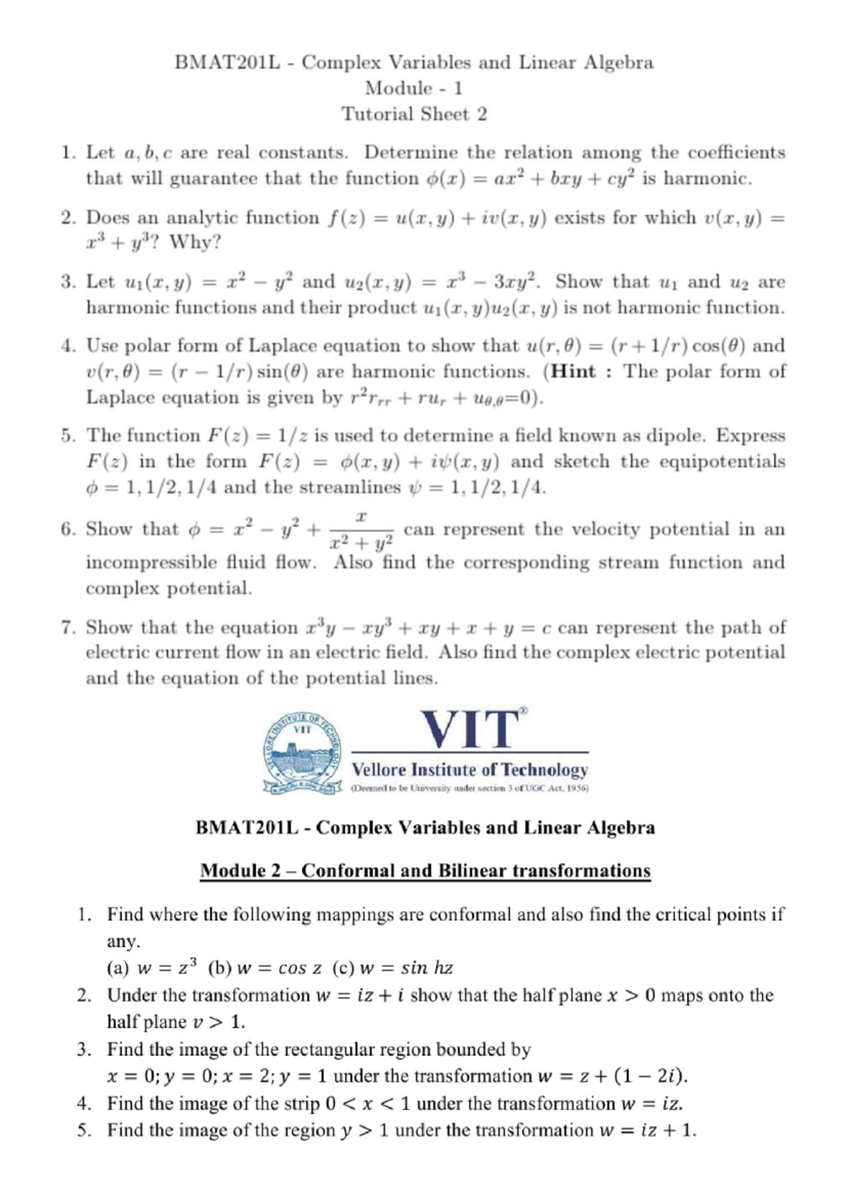 CVLA Module 1 & 2 Tutorial Sheet: Harmonic Functions & Transformations ...