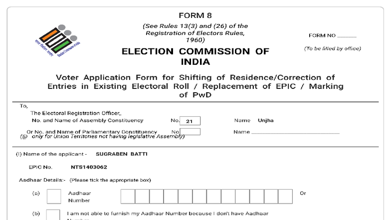 Voter Application Form for Shifting of Residence - FORM 8 - Studocu