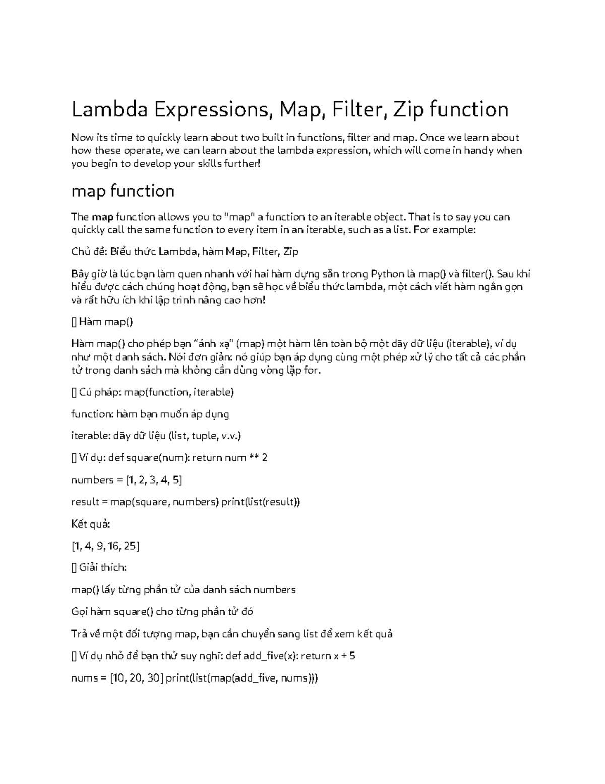 Lambda Expressions, Map, Filter, and Zip Functions in Python - Studocu