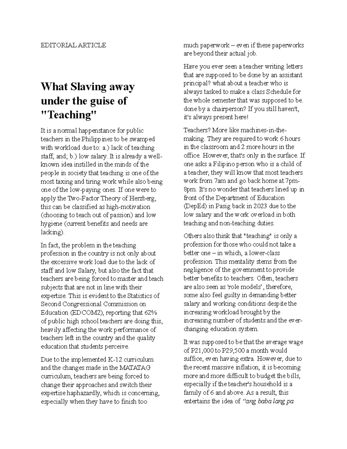 Editorial on Teaching Conditions and Workload in the Philippines - Studocu