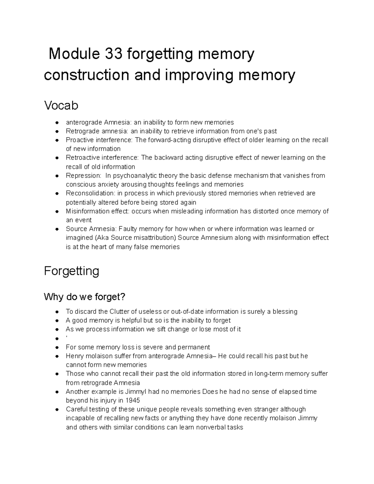 Module 33: AP Psych Myers Textbook Notes on Memory and Forgetting - Studocu