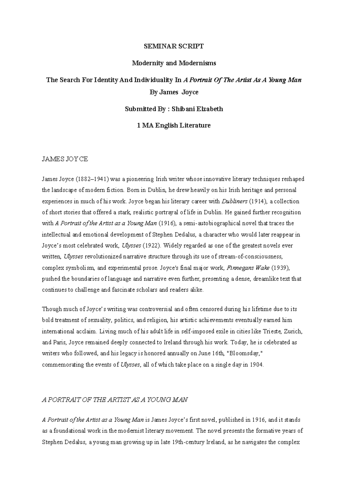 Seminar Script: Modernity and Identity in A Portrait of the Artist (ENG ...