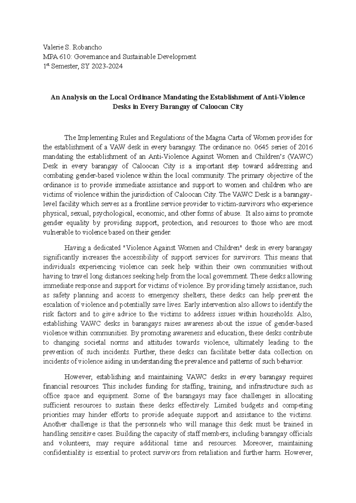 MPA 610: VAWC Desk Analysis - Enhancing Support in Caloocan Barangays ...
