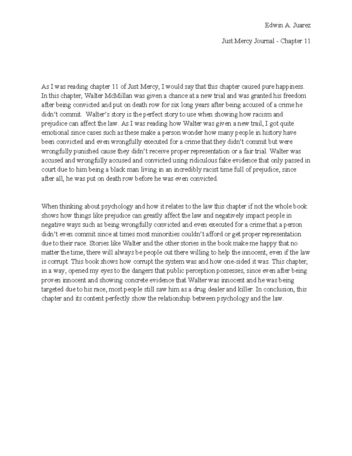 Just Mercy Journal Reflection - Chapter 11 Analysis - Studocu