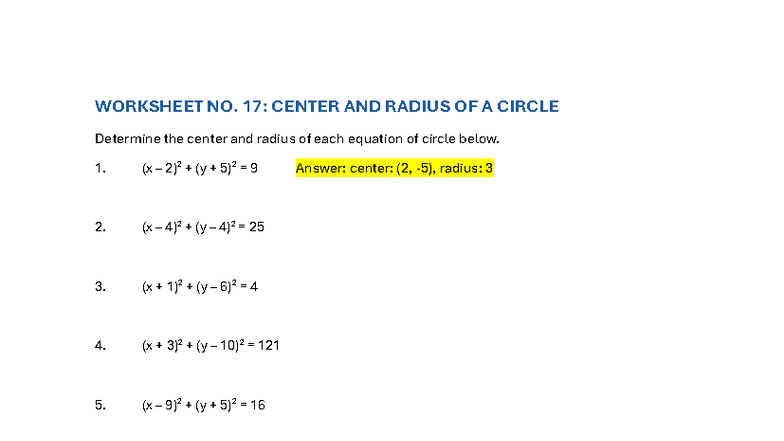 WORKSHEET NO. 17: FINDING CENTER & RADIUS OF CIRCLES - Studocu