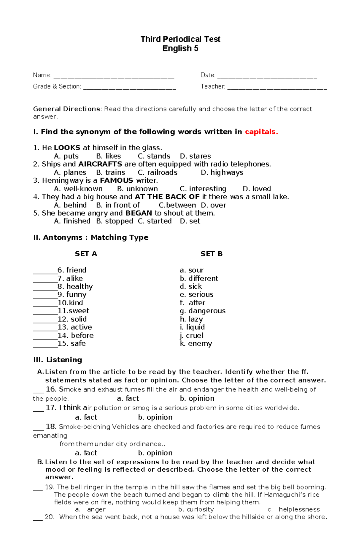 PT English 5 Q3 - Third Periodical Test Review and Answer Key - Studocu