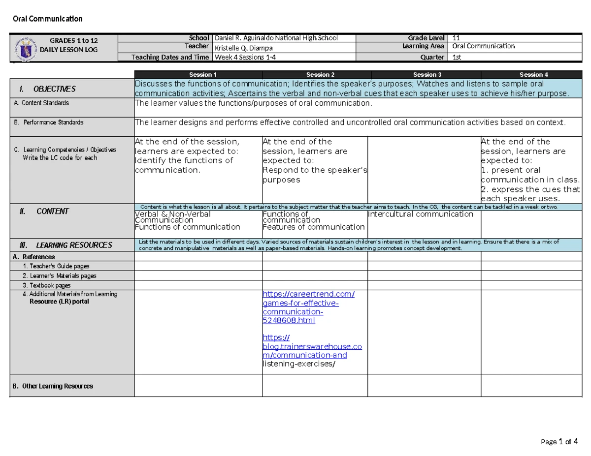 DLL - WEEK 6 - Oral Communication Lesson Plan for Grade 11 - Studocu