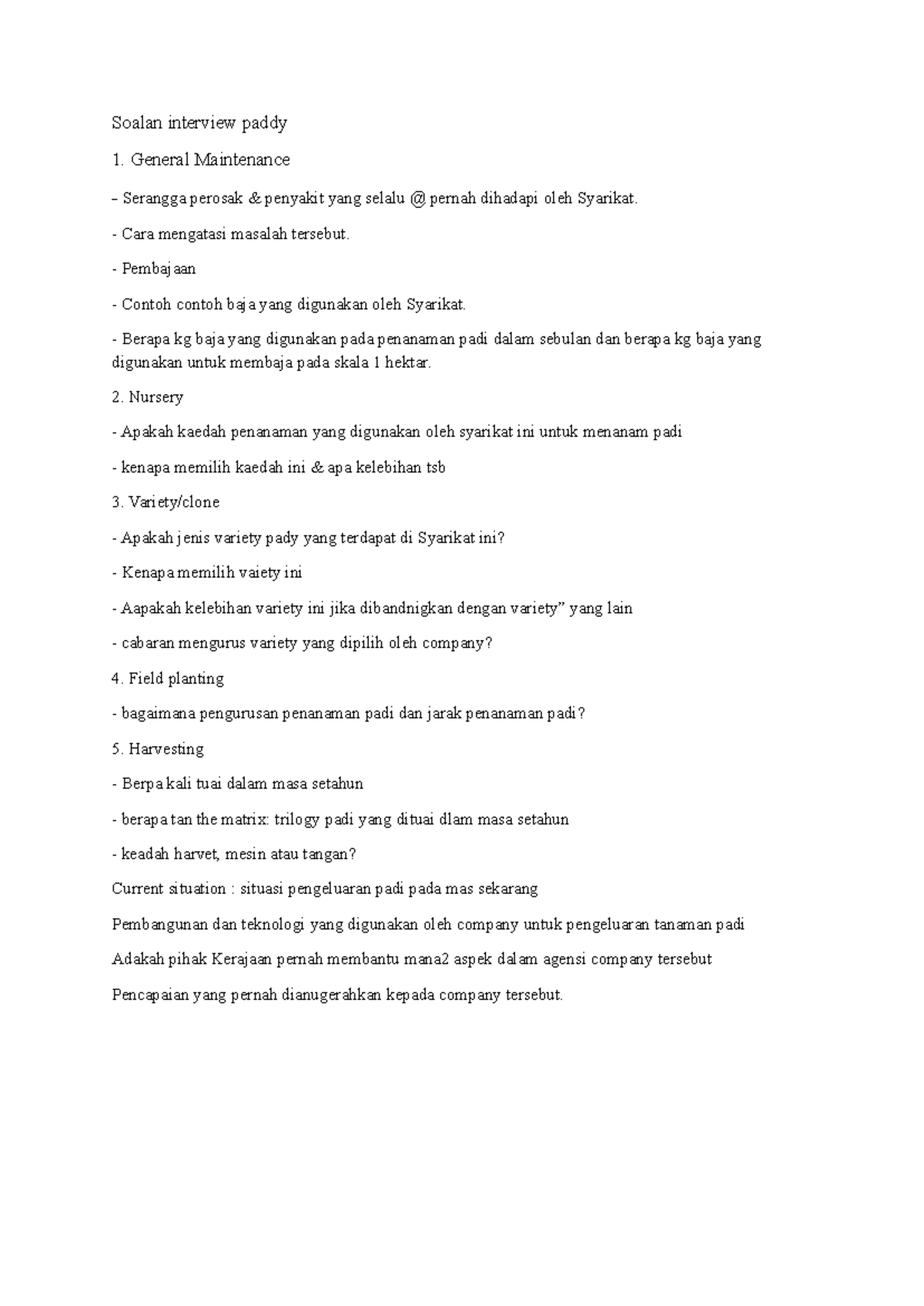 Soalan interview paddy agr272 - Soalan interview paddy 1. General ...