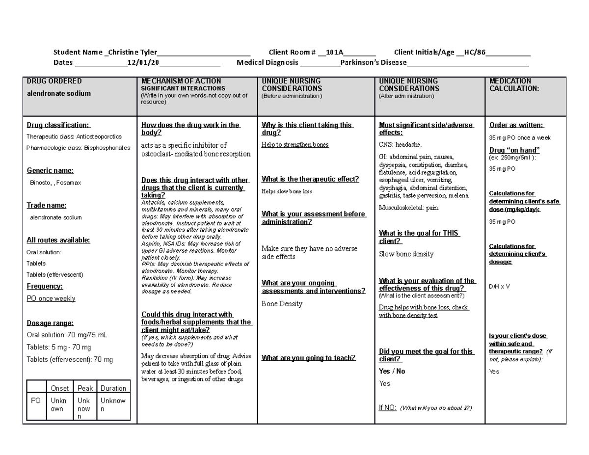 Medication Card: Alendronate Sodium for Parkinson's Disease Management ...