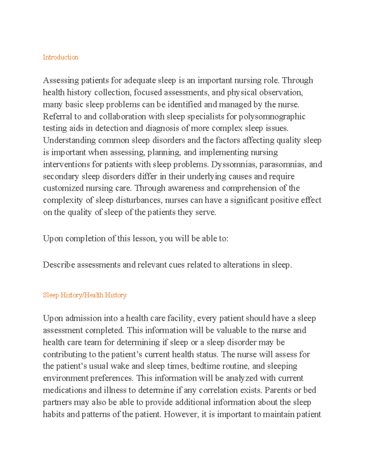 NUR 305: Sleep Assessment and Recognizing Patient Cues - Studocu