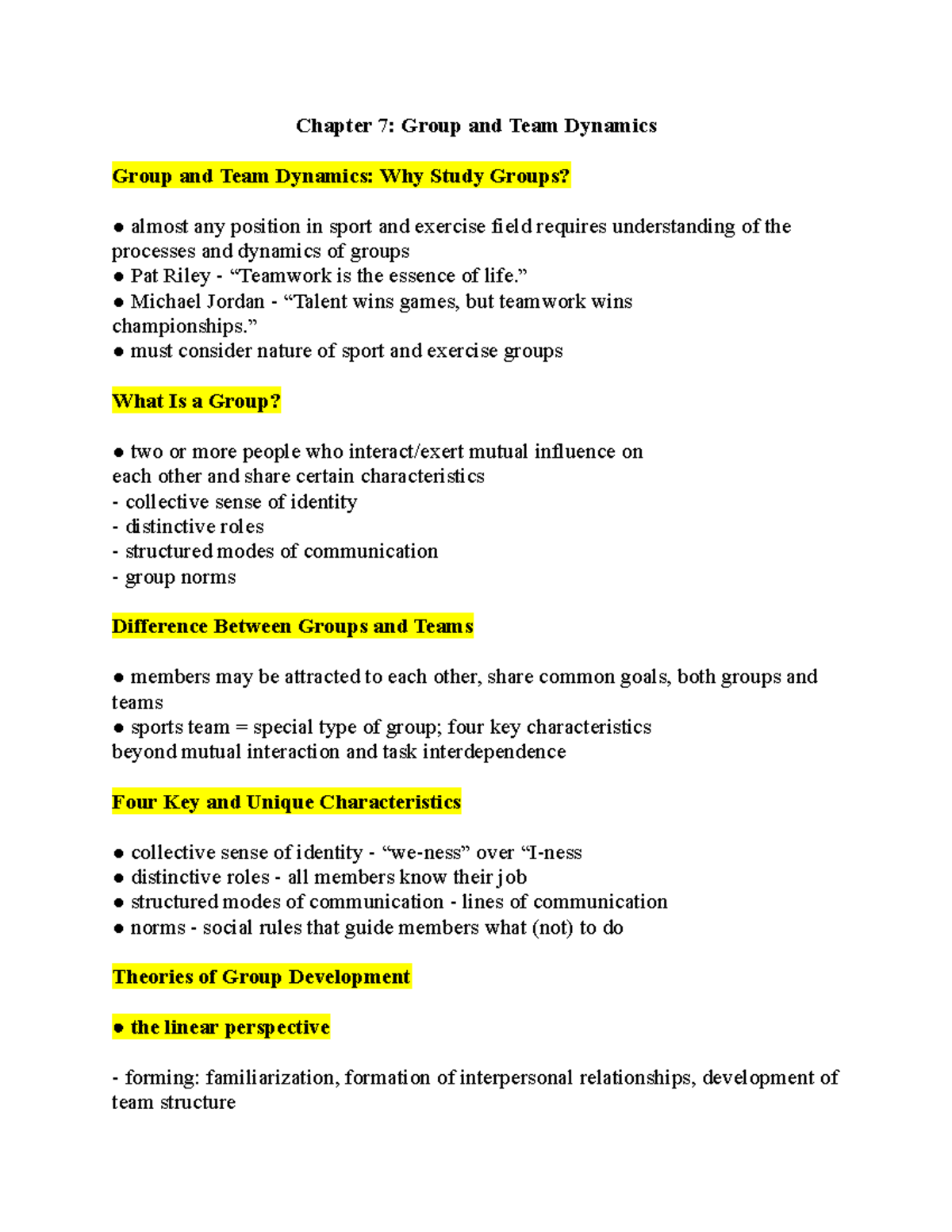 Chapter 7: Group & Team Dynamics in Sport and Exercise - Studocu