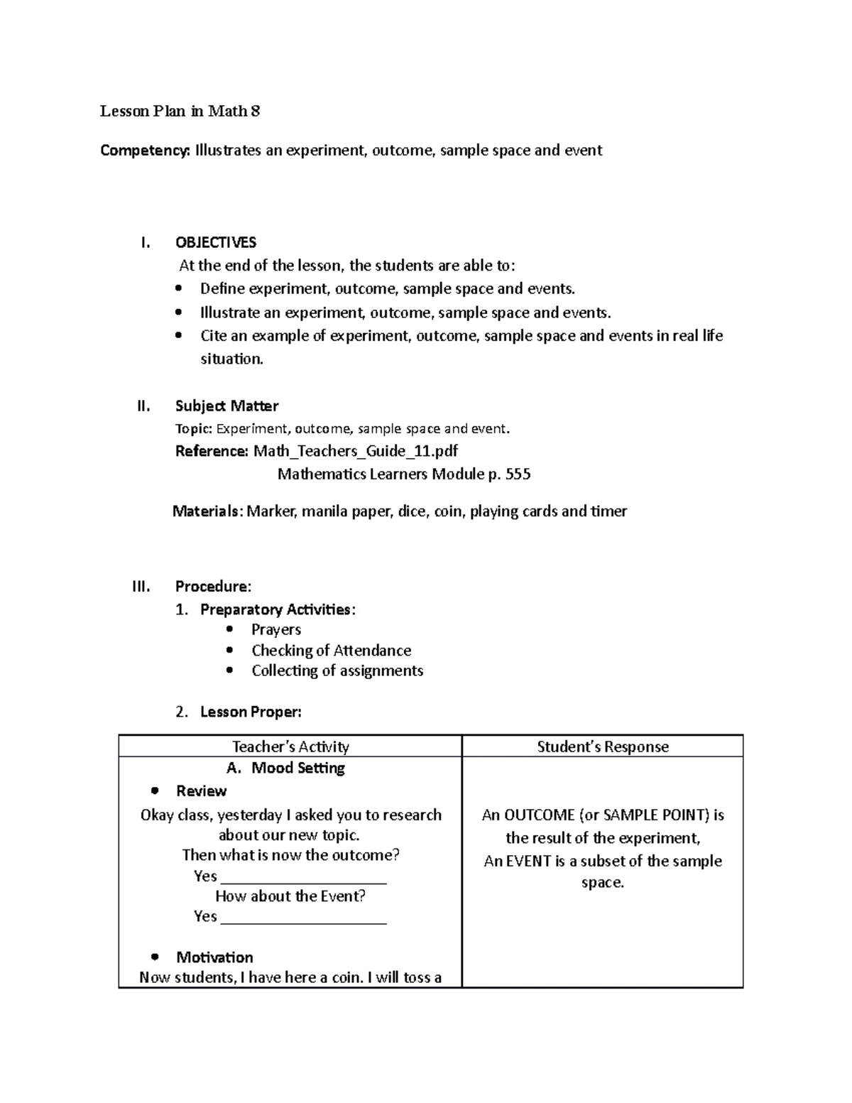 Lesson Plan in Experiment, outcome, sample space and event - Lesson ...