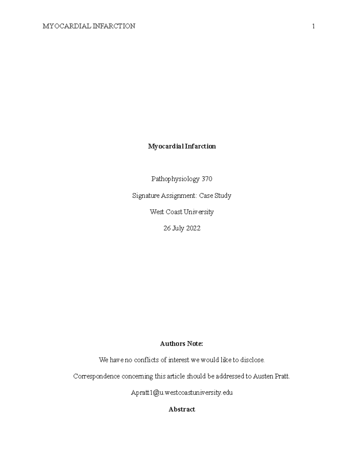 Signature Paper Final Draft - Myocardial Infarction Pathophysiology 370 Signature Assignment ...