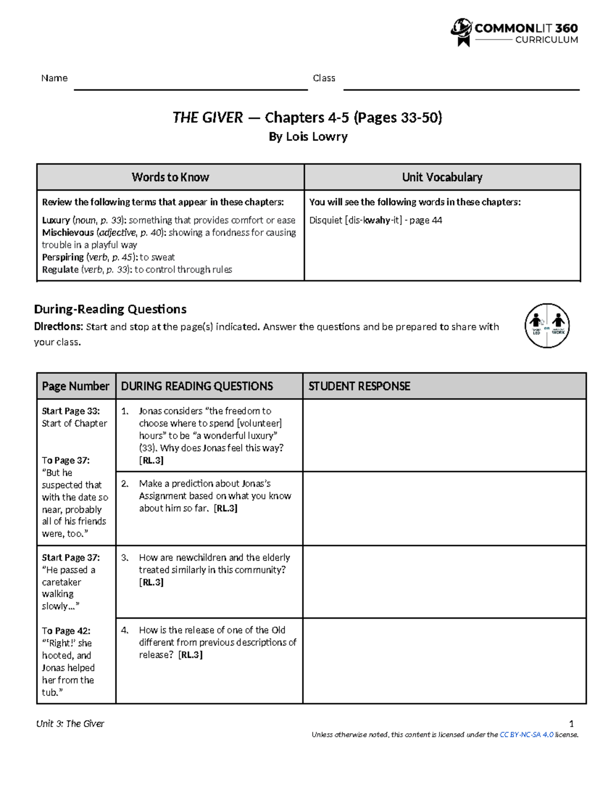 6G Unit 3 The Giver During-Reading Qs for Chapters 4-5 Student - Studocu