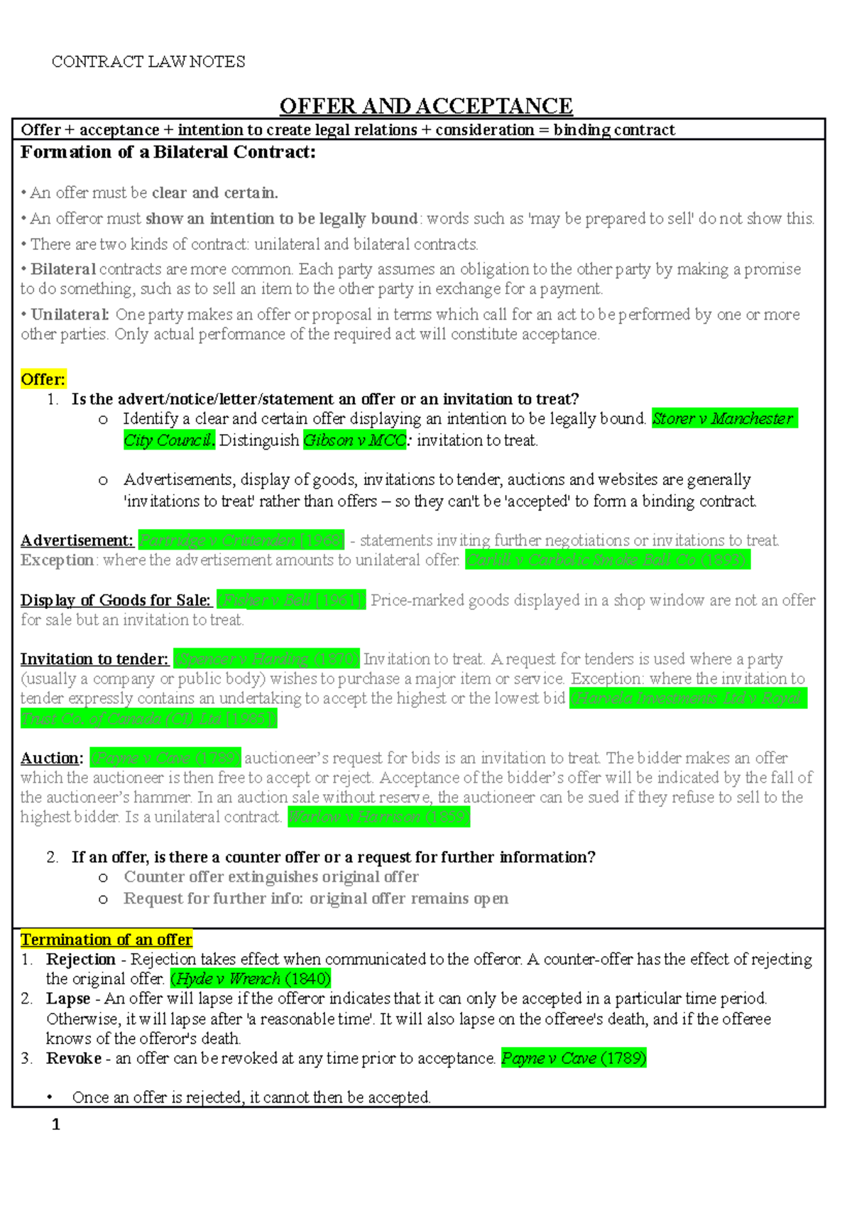 CONTRACT LAW 101: Comprehensive Notes on Offer, Acceptance ...