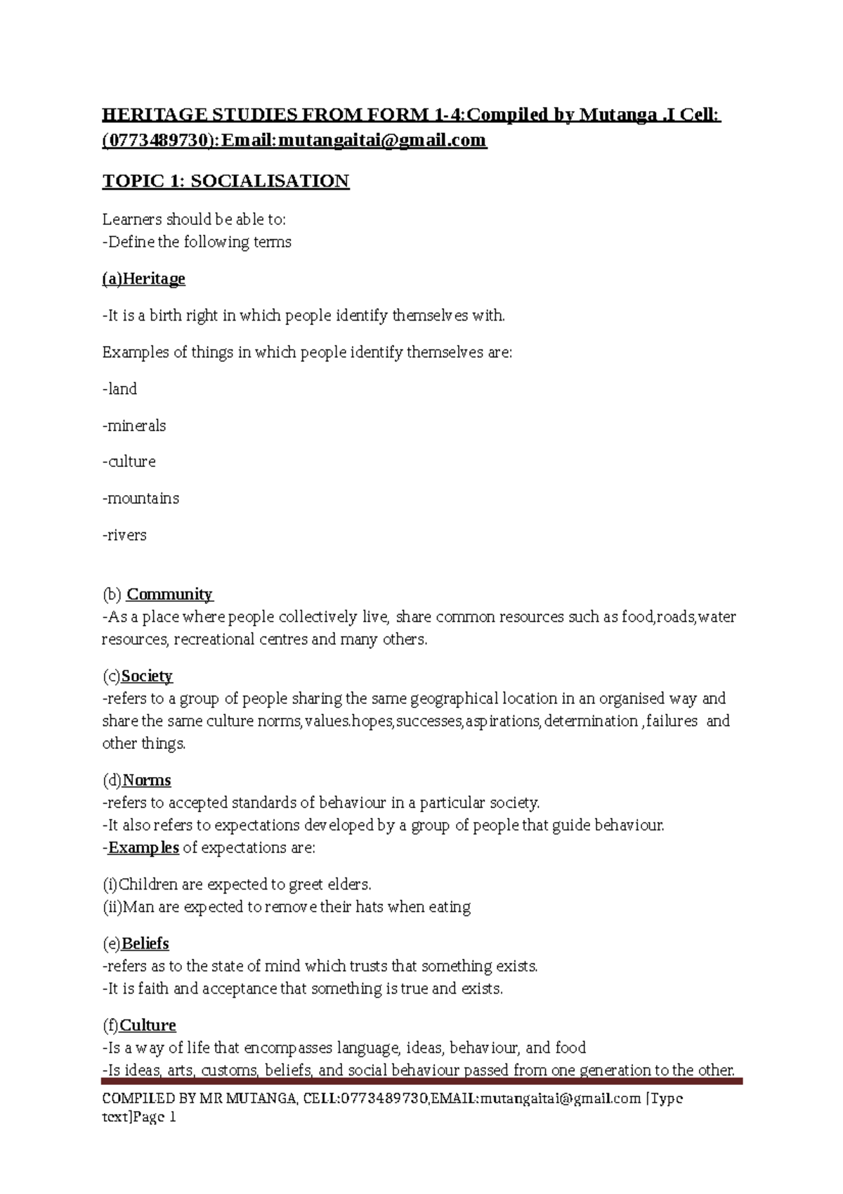 Heritage Studies Notes for Form 3 & 4: Socialisation and Identity - Studocu
