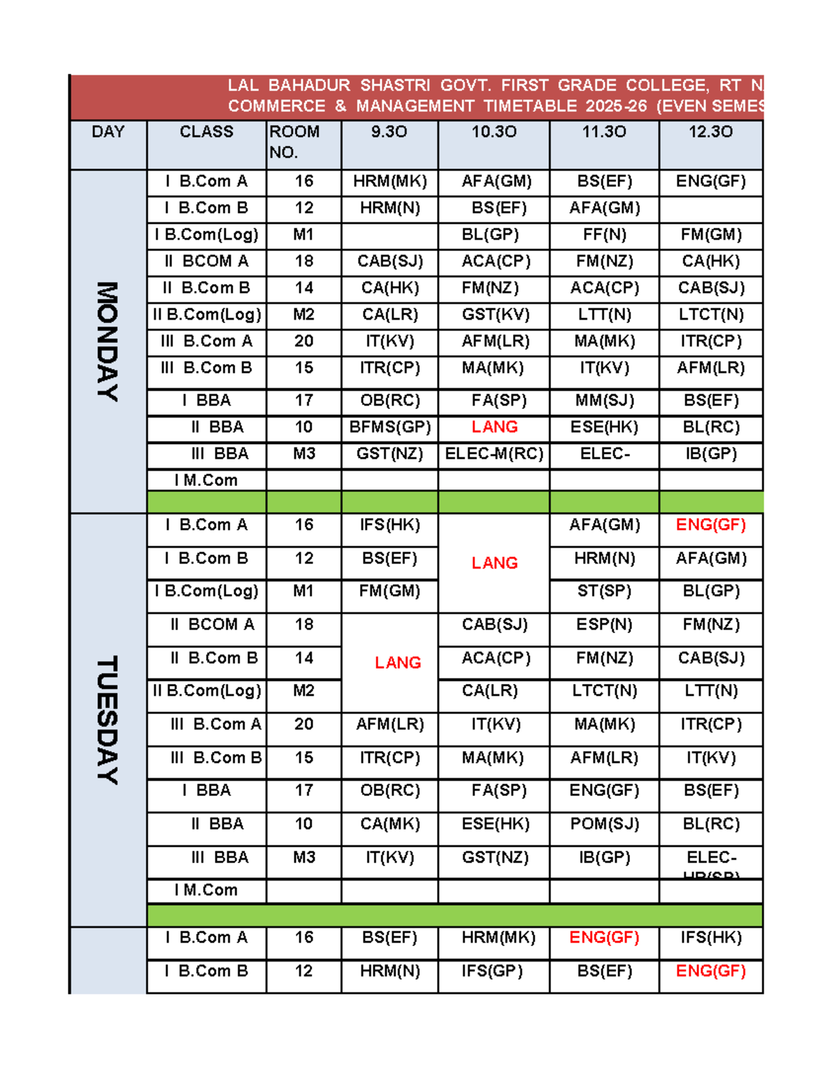 TT B.Com & BBA 2025-26 Even Semester Timetable - Studocu