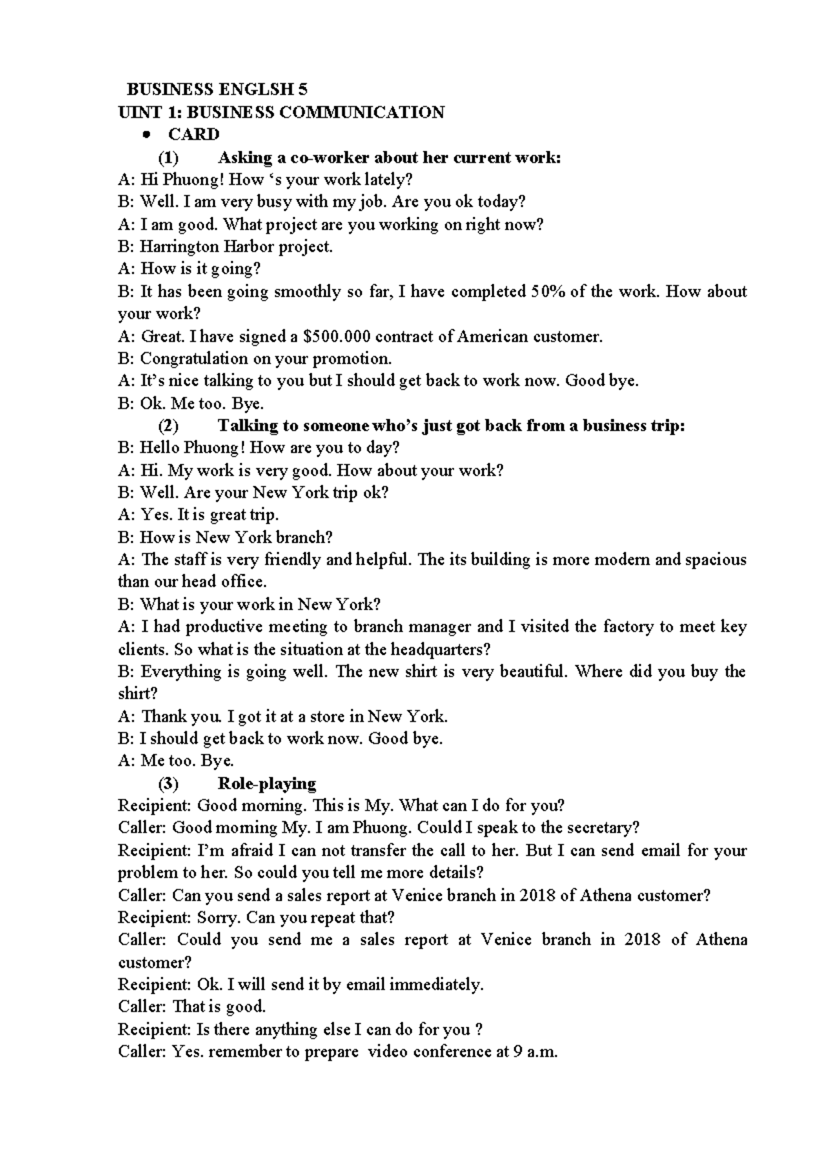 BUSINESS ENGLISH 5: UNIT 1-8 COMMUNICATION & WRITING CARDS - Studocu
