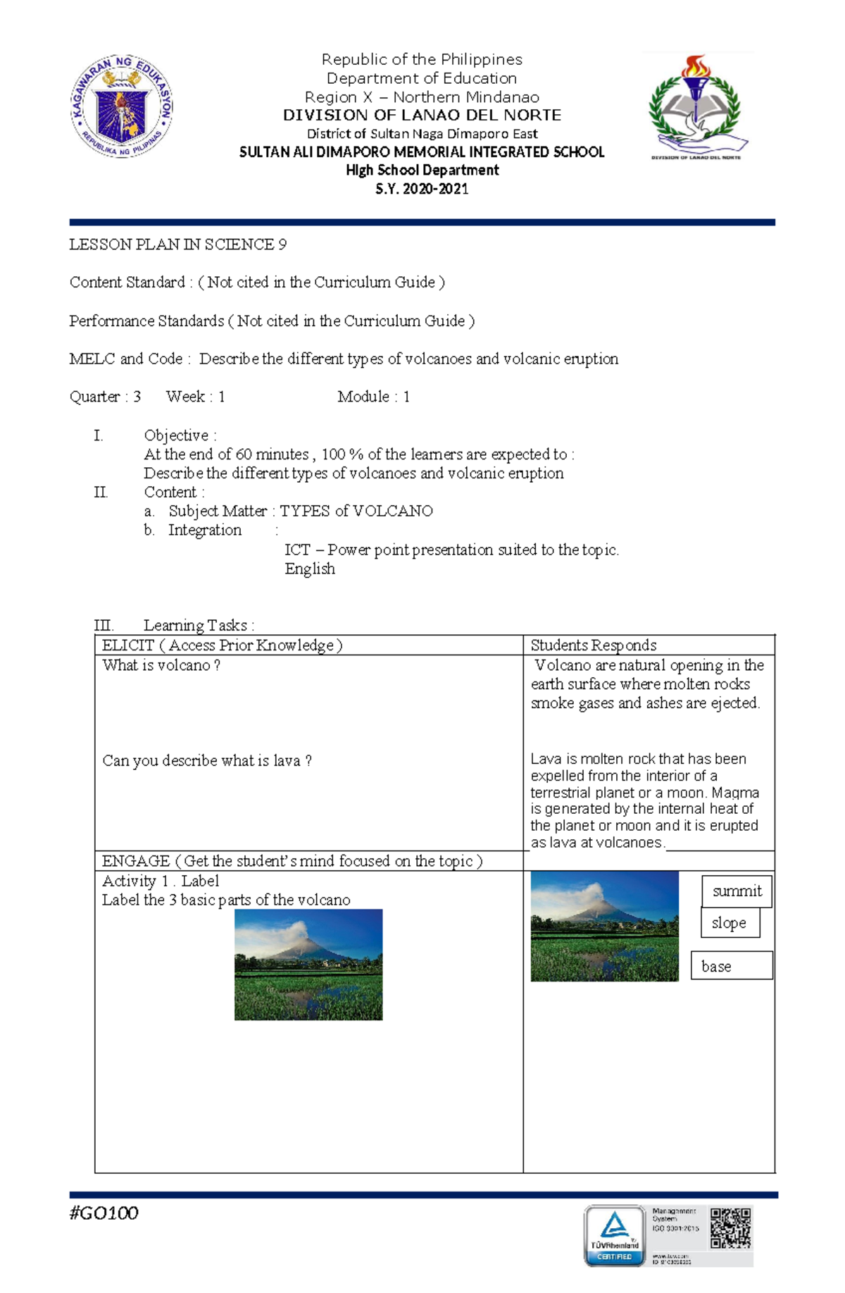 S.Y. Lesson Plan in Science 9: Types of Volcanoes and Eruptions - Studocu