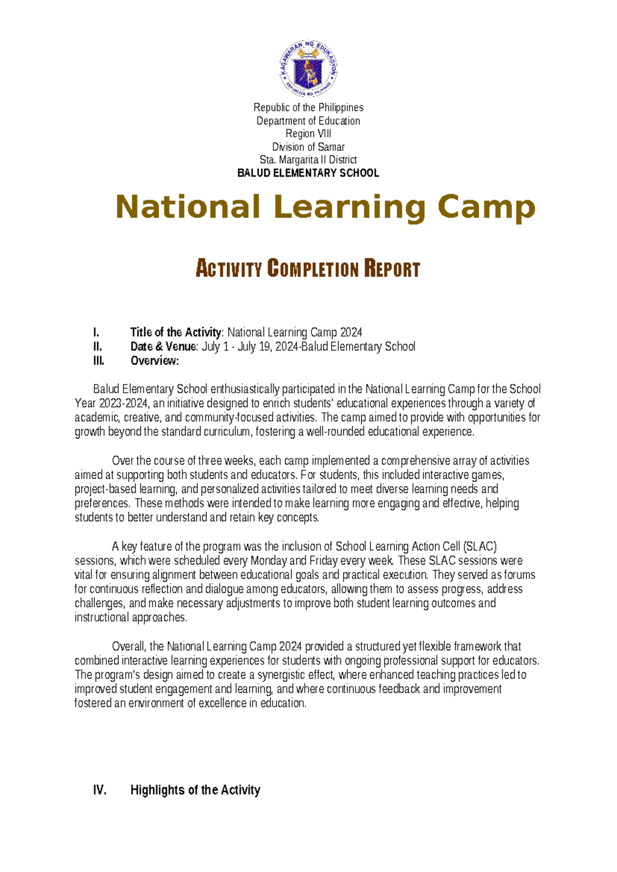 National Learning Camp 2024 Activity Completion Report (NLC 2024) - Studocu
