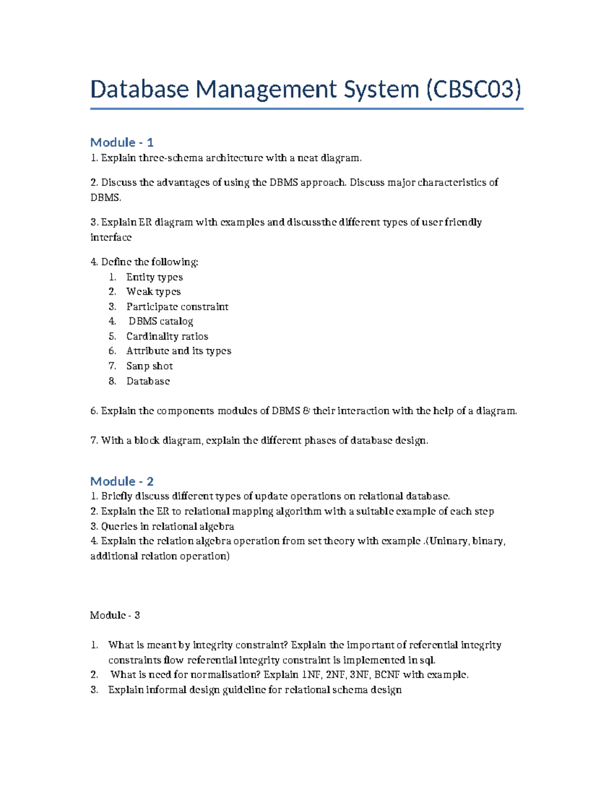DBMS (CBSC03) Module 1-3: Architecture, ER Diagrams, and Normalization ...