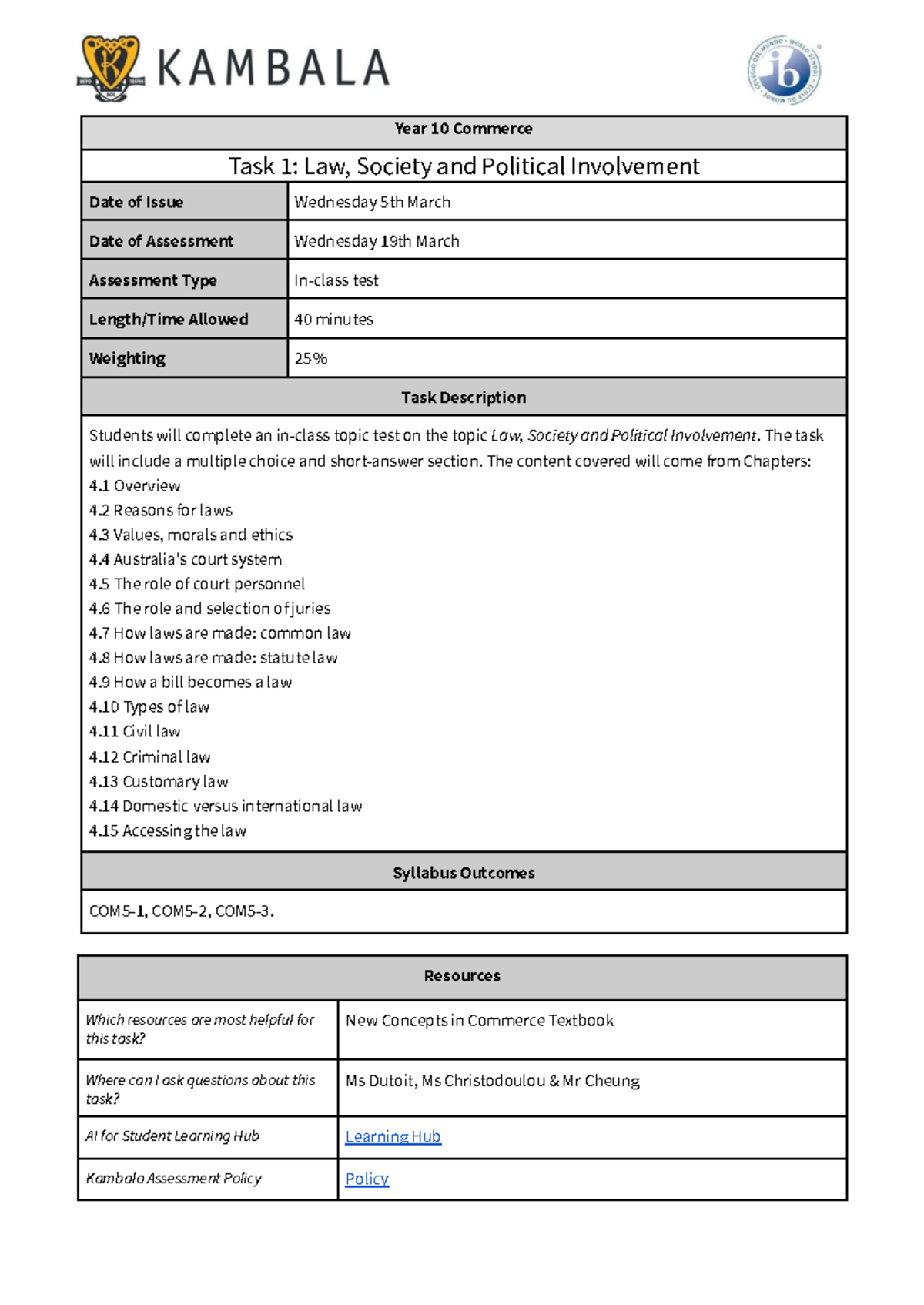 Year 10 Commerce Task 1: Law, Society & Political Involvement Test ...