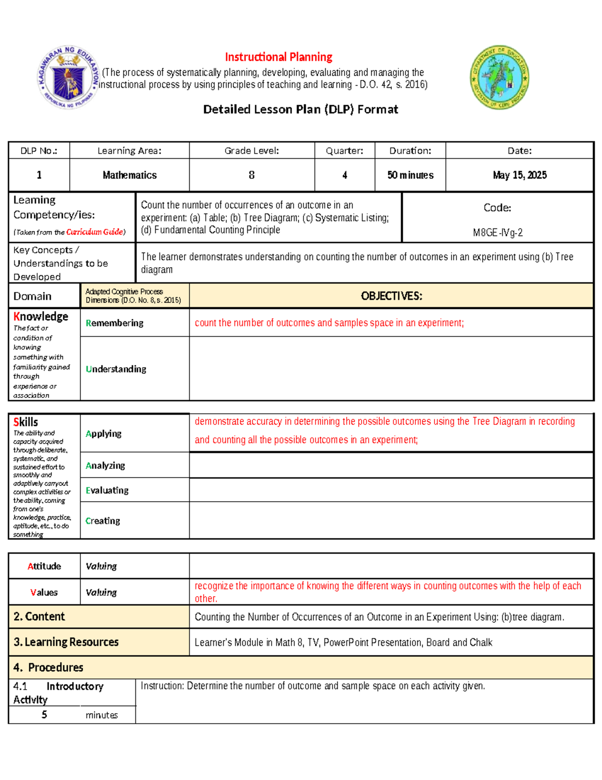DLP 13: Detailed Lesson Plan on Counting Outcomes Using Tree Diagrams - Studocu