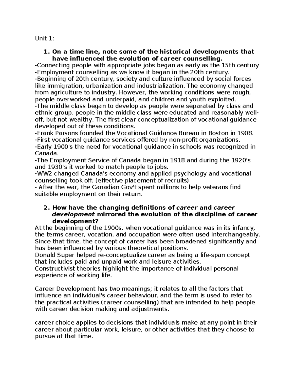 Unit 1 Study Questions - Key Concepts in Career Development - Studocu