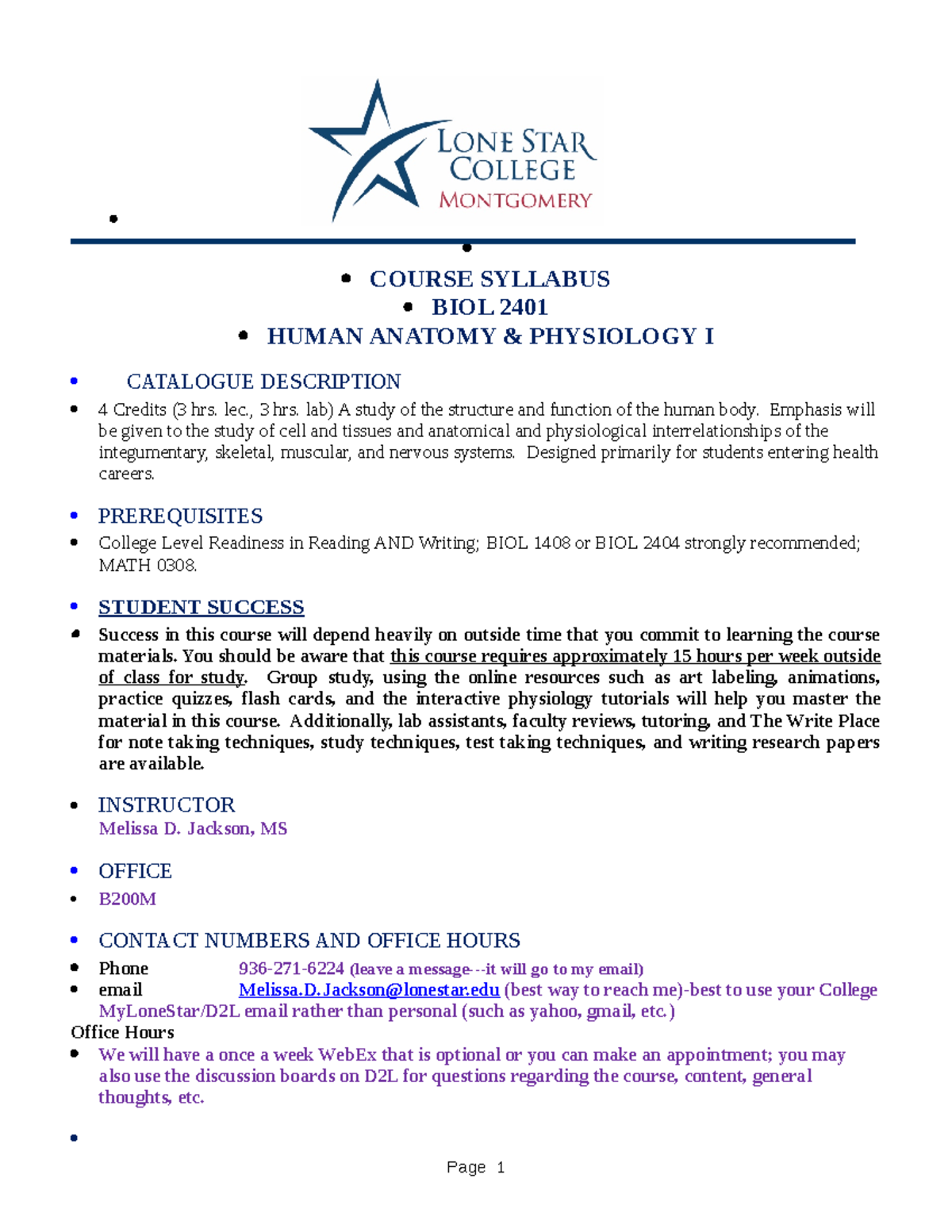 BIOL 2401 Human Anatomy & Physiology I Course Syllabus & Guide - Studocu