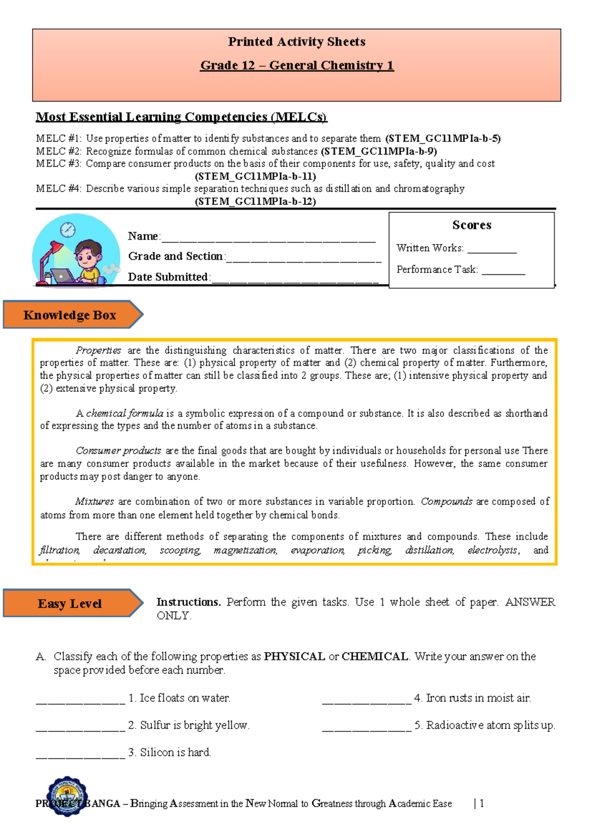 AS GEN CHEM 1 - Grade 12 Activity Sheets on Properties of Matter - Studocu