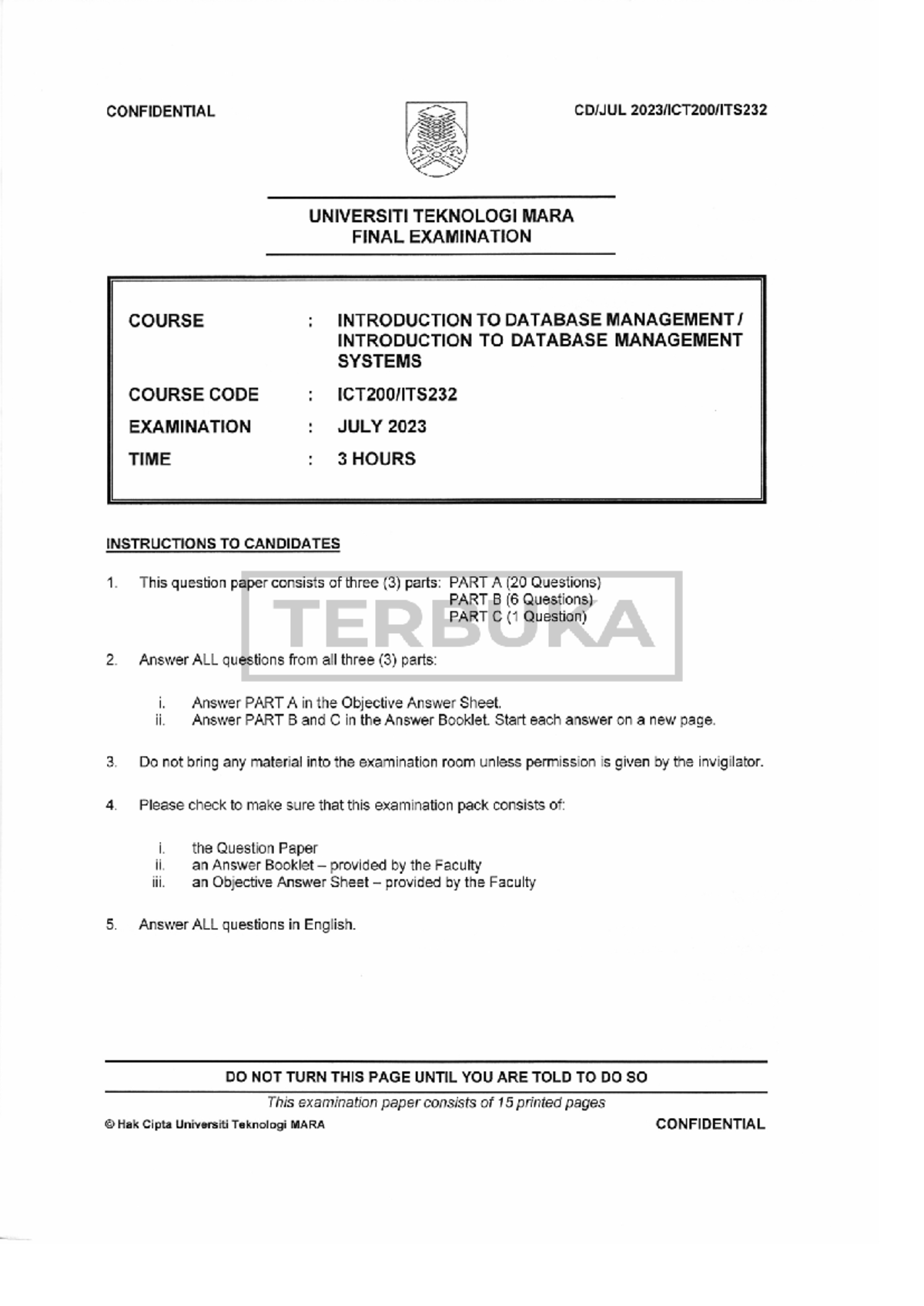 ICT200 Final Exam: Introduction to Database Management Systems - July ...