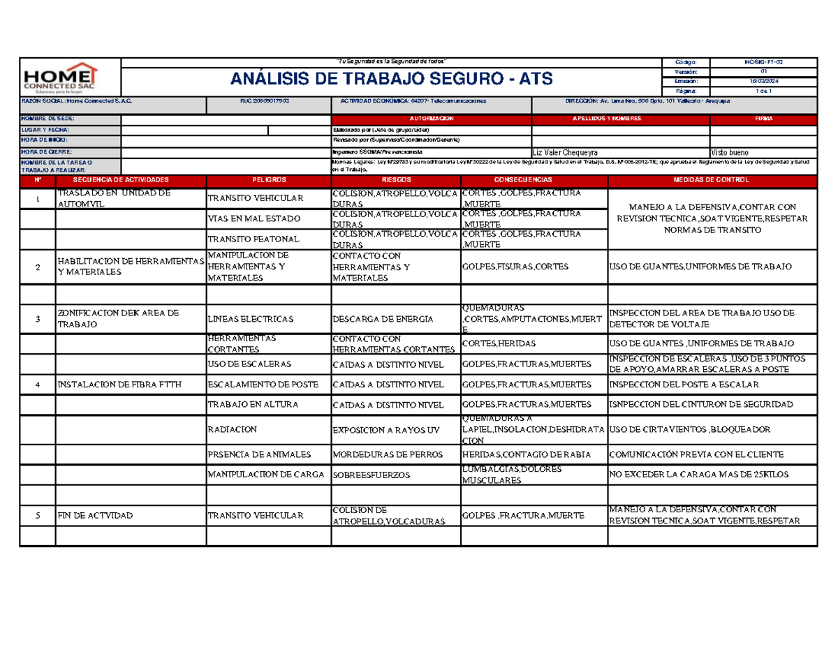 ANÁLISIS DE TRABAJO SEGURO - ATS: Seguridad en Telecomunicaciones - Studocu