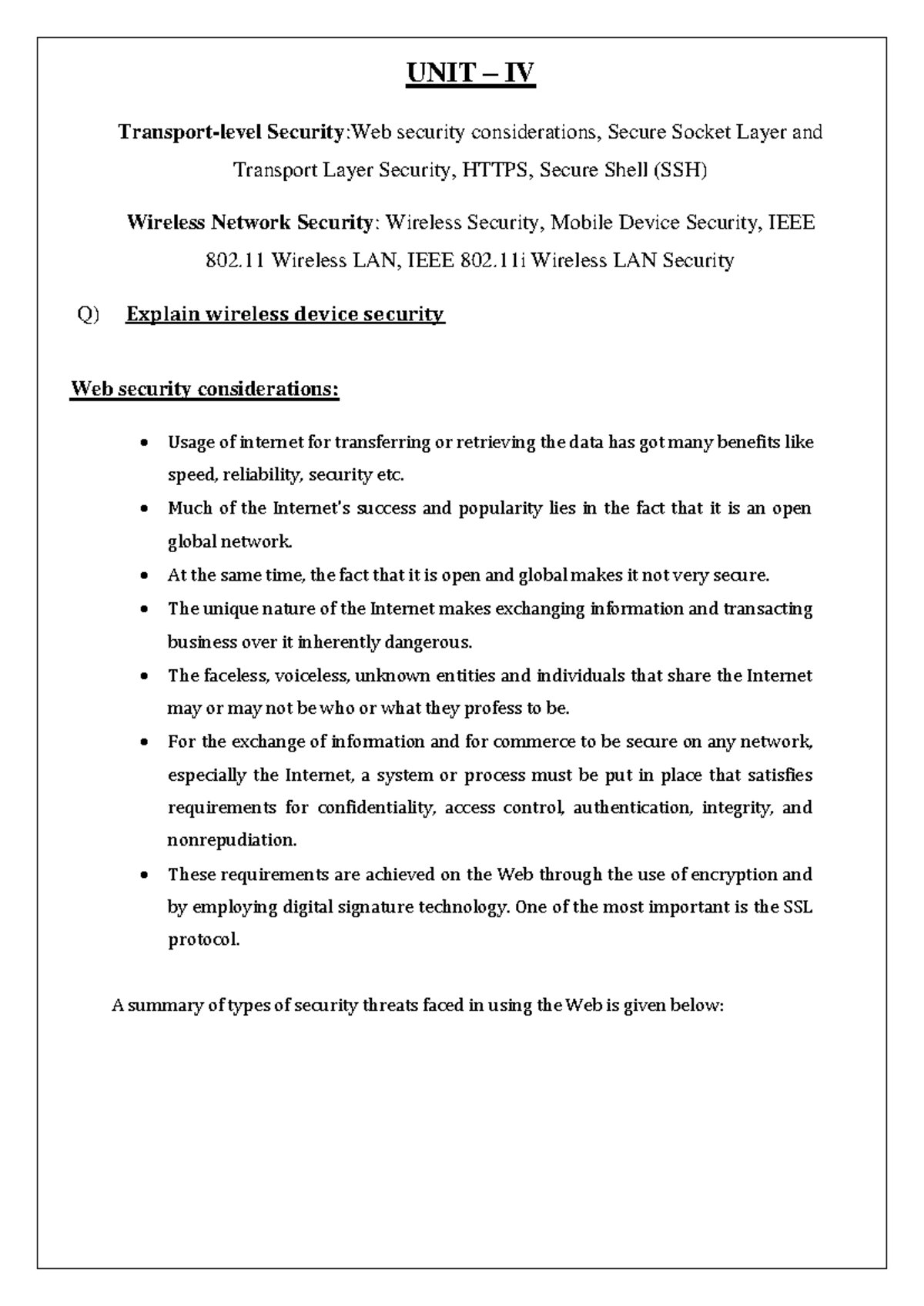 CNS UNIT 4-1: Transport and Wireless Network Security Insights - Studocu