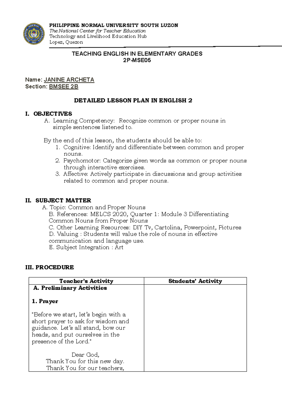 Grade 2 English Lesson Plan: Common and Proper Nouns (BMSEE 2B) - Studocu