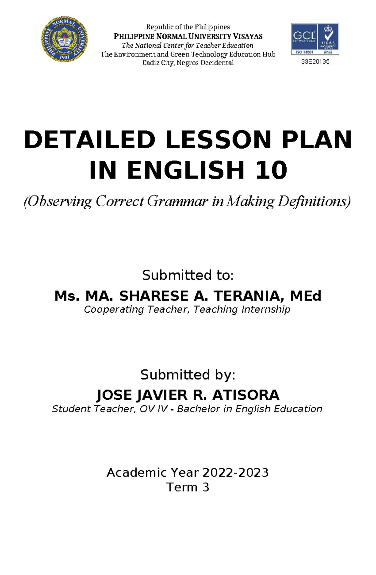 Detailed Lesson Plan in ENGL 10: Grammar in Definitions - Studocu