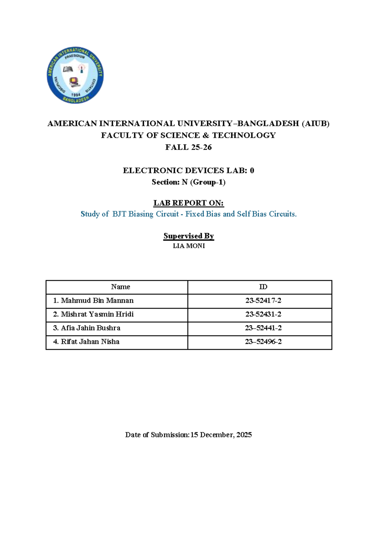 AIUB Electronic Devices Lab Report: BJT Biasing Circuit Study - Studocu
