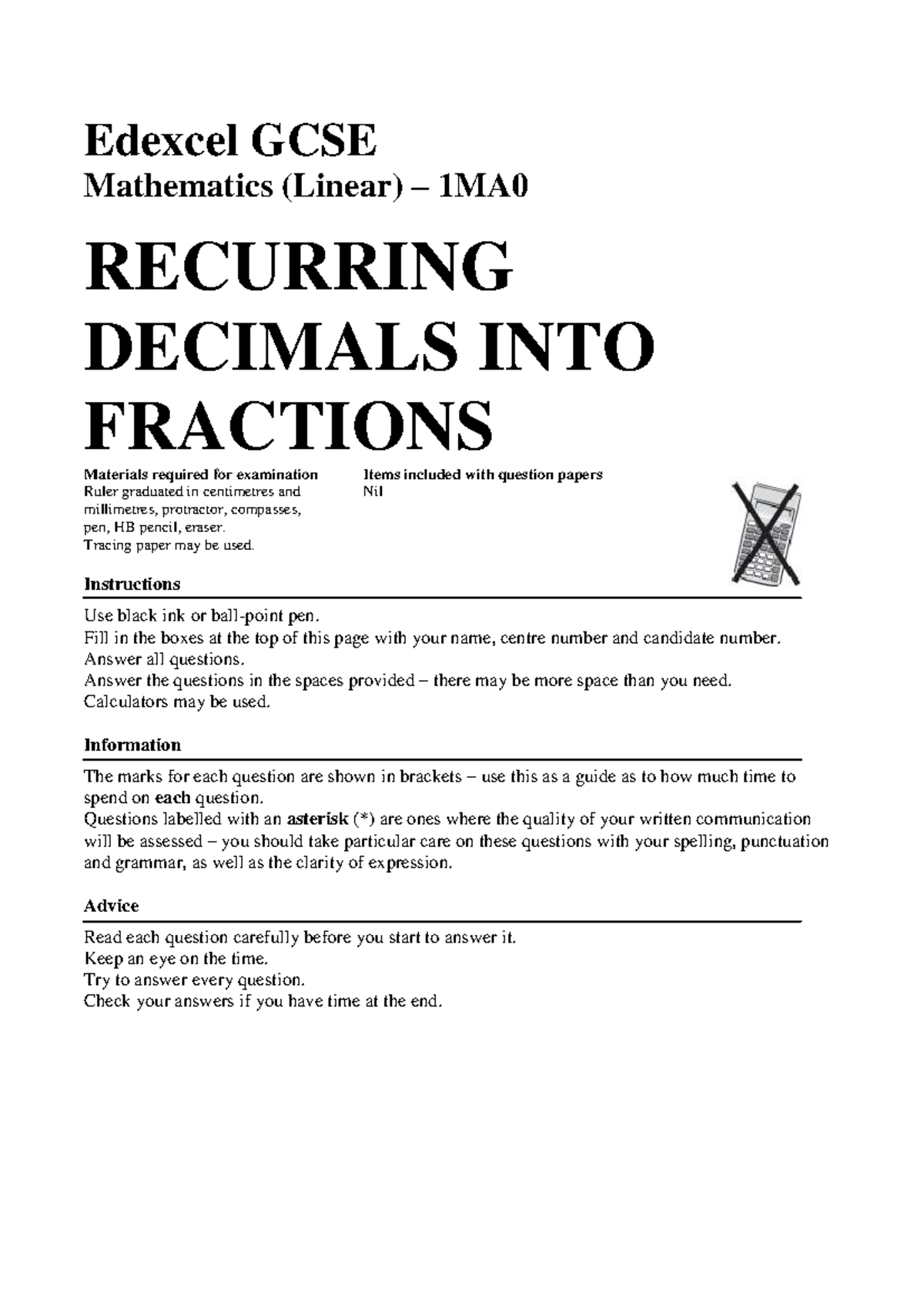 Edexcel GCSE Maths 1MA0 Recurring Decimals to Fractions Guide - Studocu